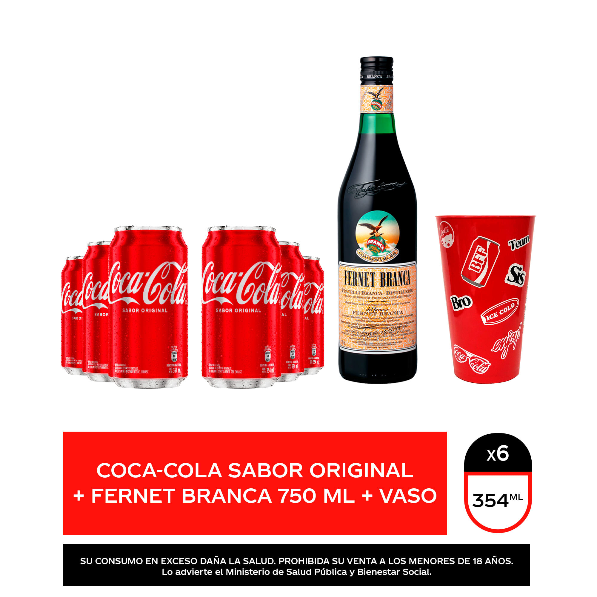 Coca-Cola sabor original lata 354mL+Fernet750mL+vaso sticker - Mi Portal