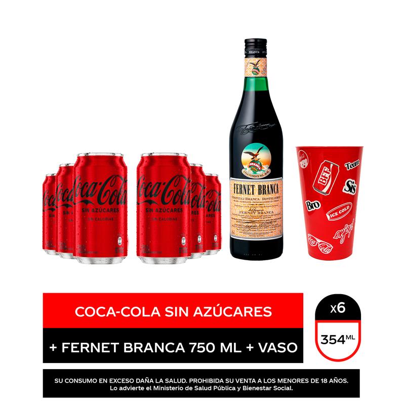 Coca-Cola sin azúcar lata 354mL+Fernet750mL+vaso sticker - Mi Portal