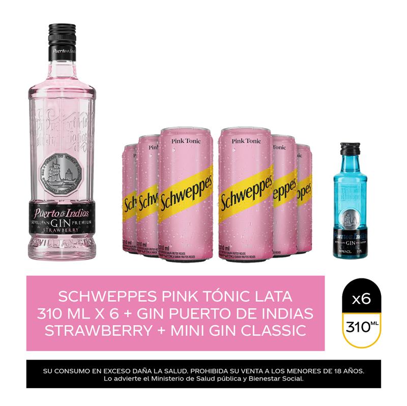 Combo Schweppes Pink tónic 310ml x6 + Gin Puerto de Indias Strawberry ...